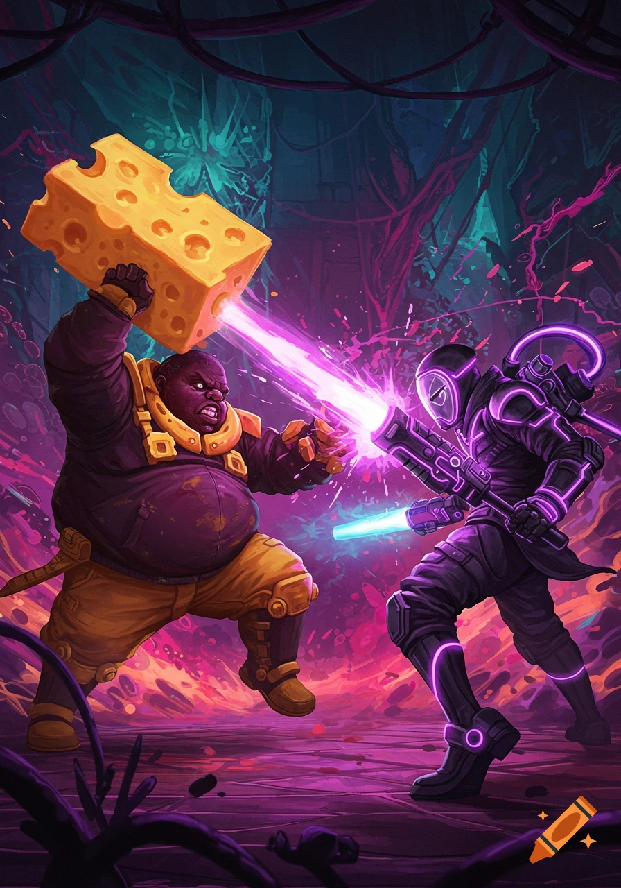 Vibrant comic art of a large purple creature fighting a glowing neon ...