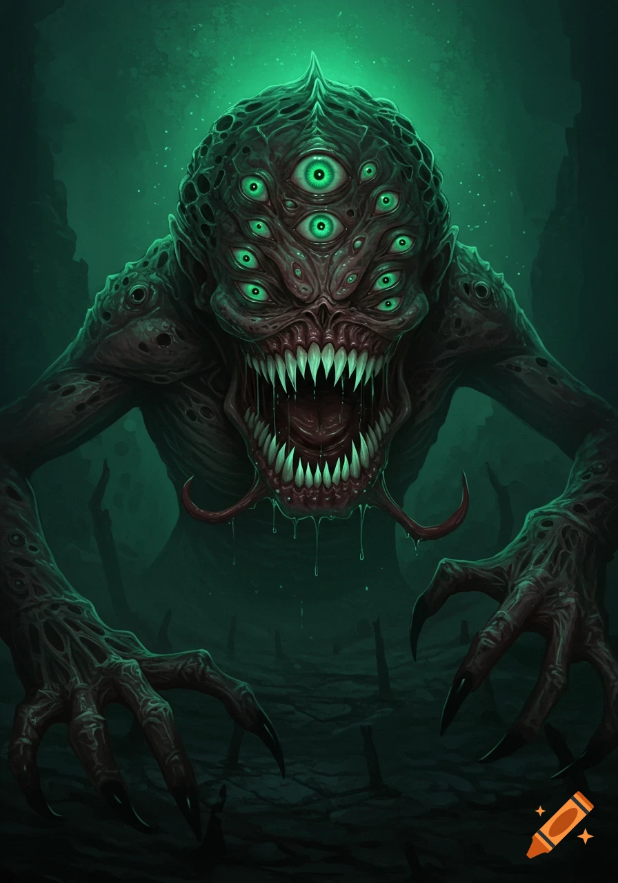 A grotesque monster with many glowing green eyes, sharp teeth, and long ...