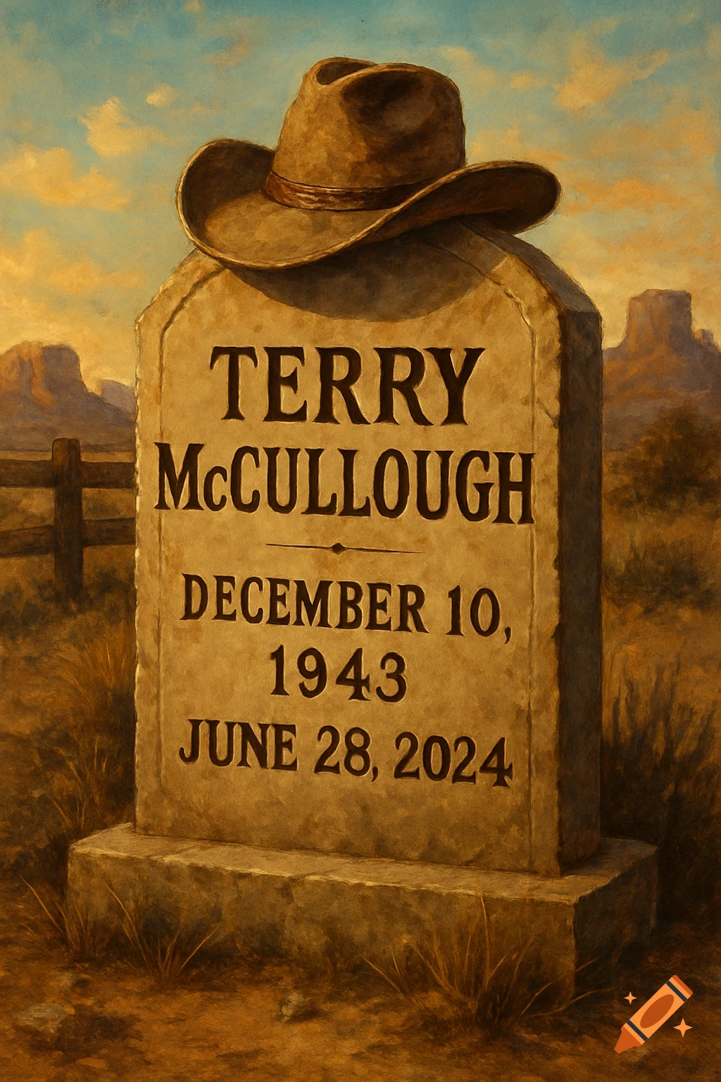 A cowboy hat rests on a tombstone in a desert landscape. The tombstone ...