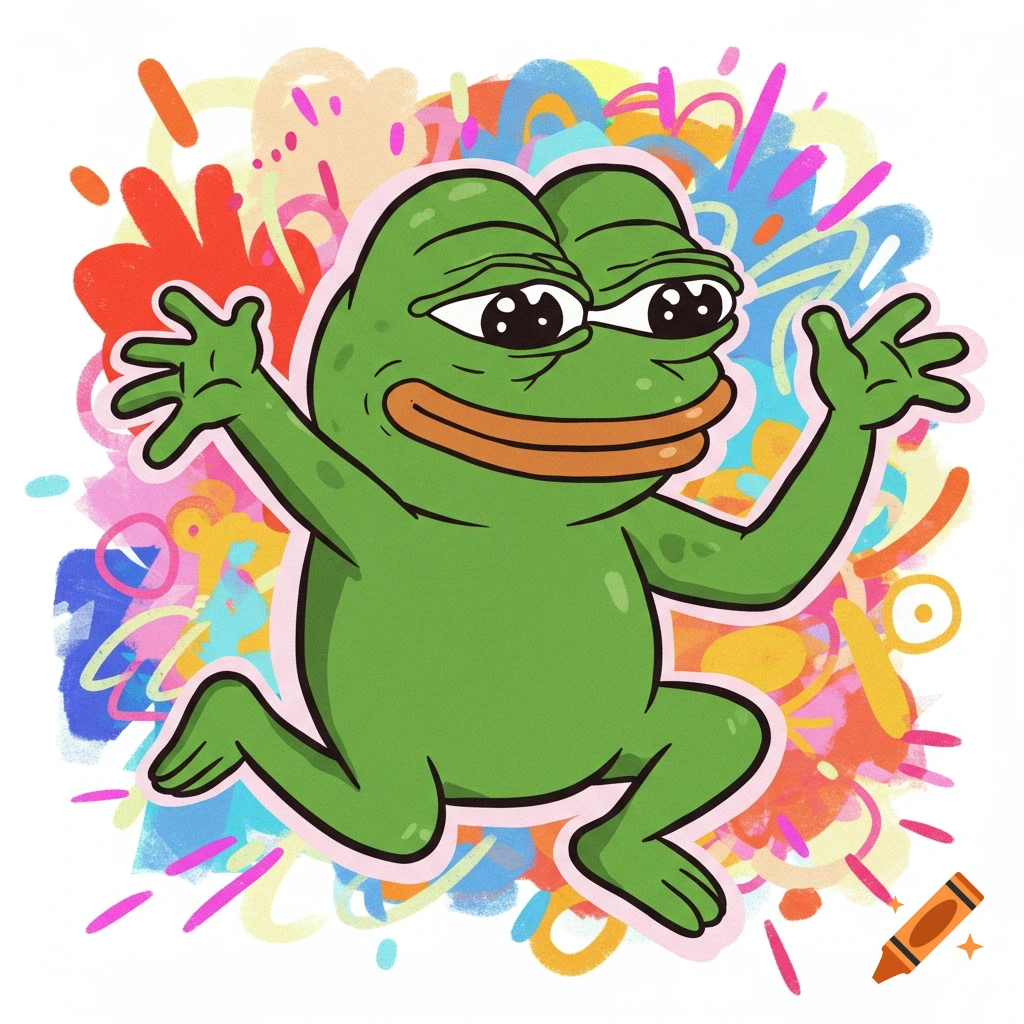 A cartoon illustration of Pepe the Frog with outstretched arms, against ...