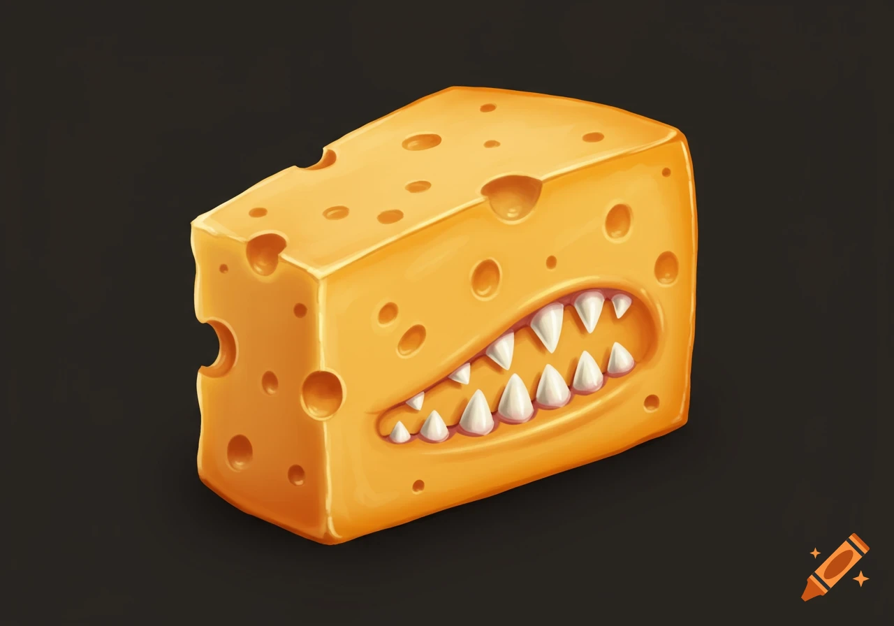 A cartoon block of yellow Swiss cheese with large, sharp monster teeth ...