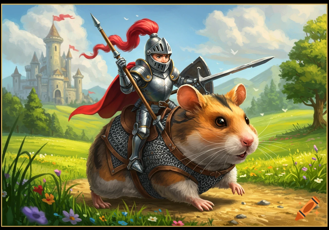 A knight in shining armor with a red plume rides an armored hamster ...