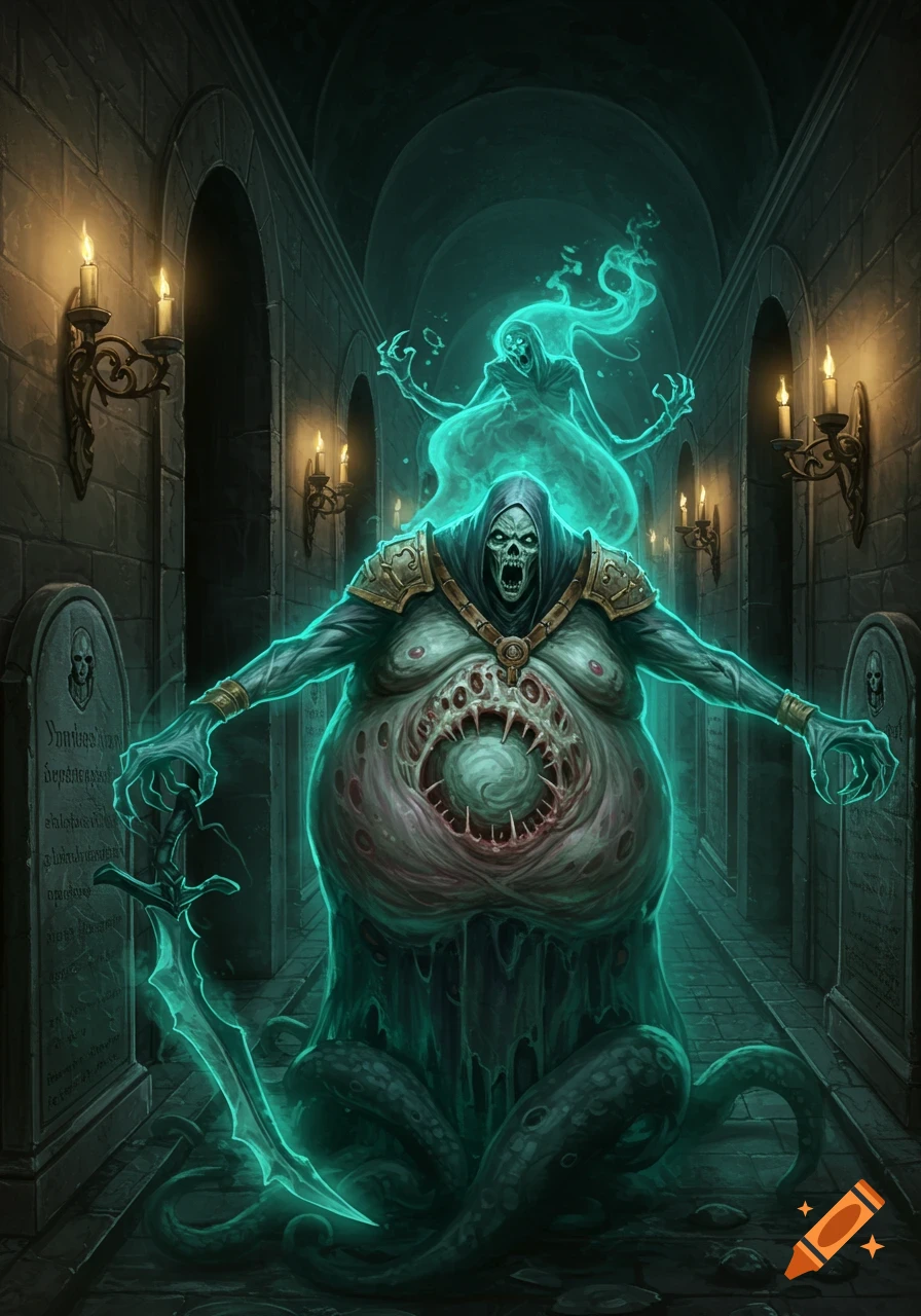 A grotesque, glowing teal death knight with a large, toothy stomach ...