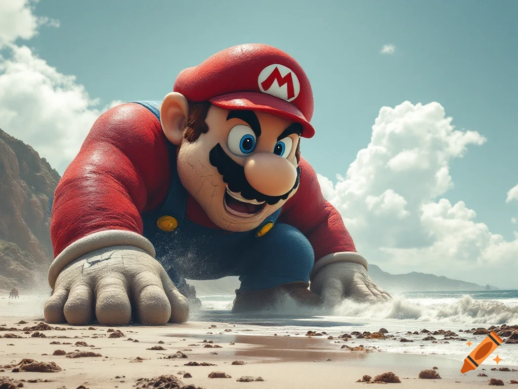 Photorealistic image of a giant Mario crouching on a sandy beach, with ...