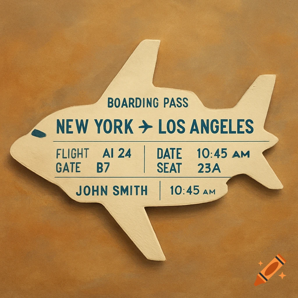 A stylized boarding pass in the shape of an airplane, with flight ...