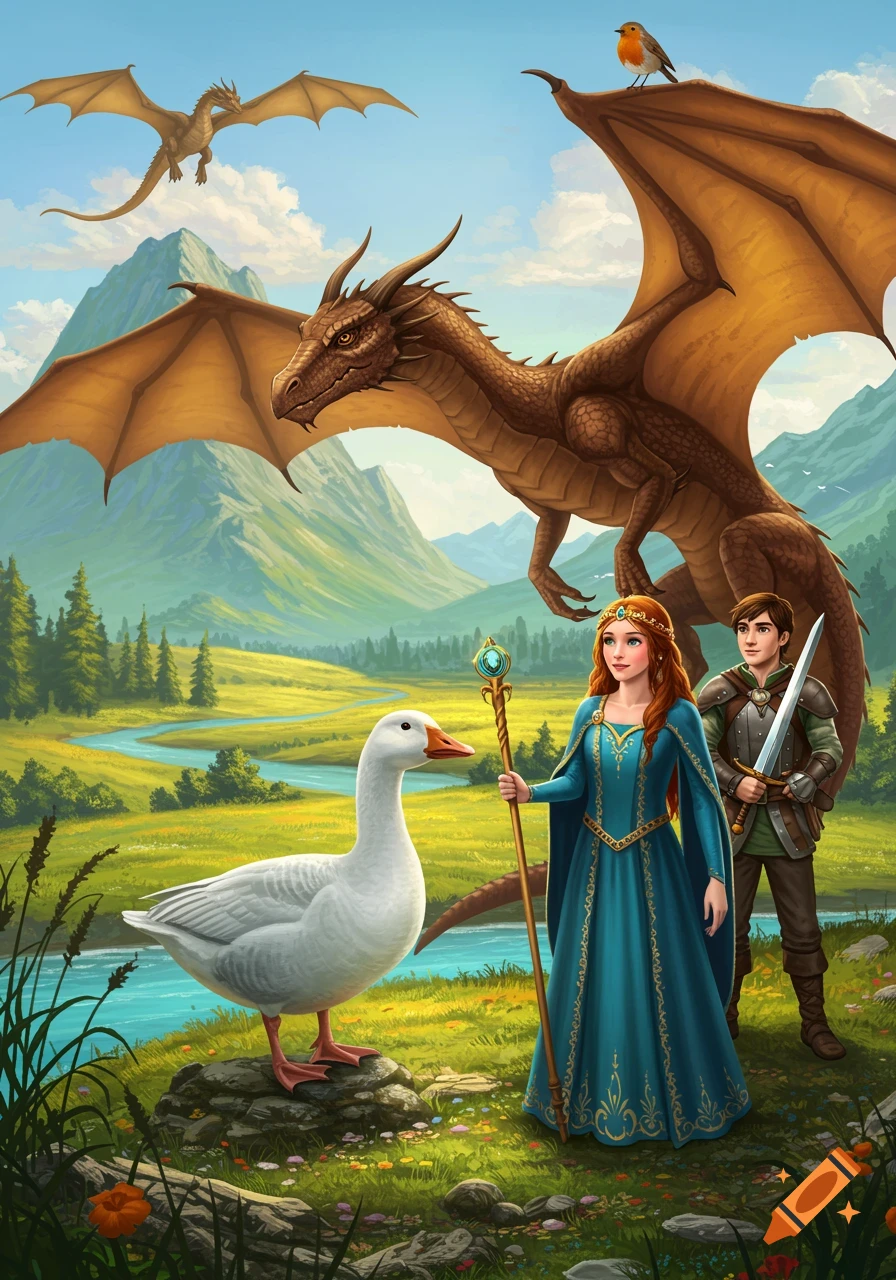 A princess and a hero with a staff and sword stand with a white goose ...