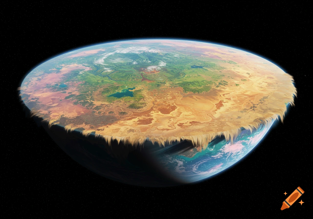 A detailed, colorful flat planet with deserts, green lands, and water, seen from above in dark ...