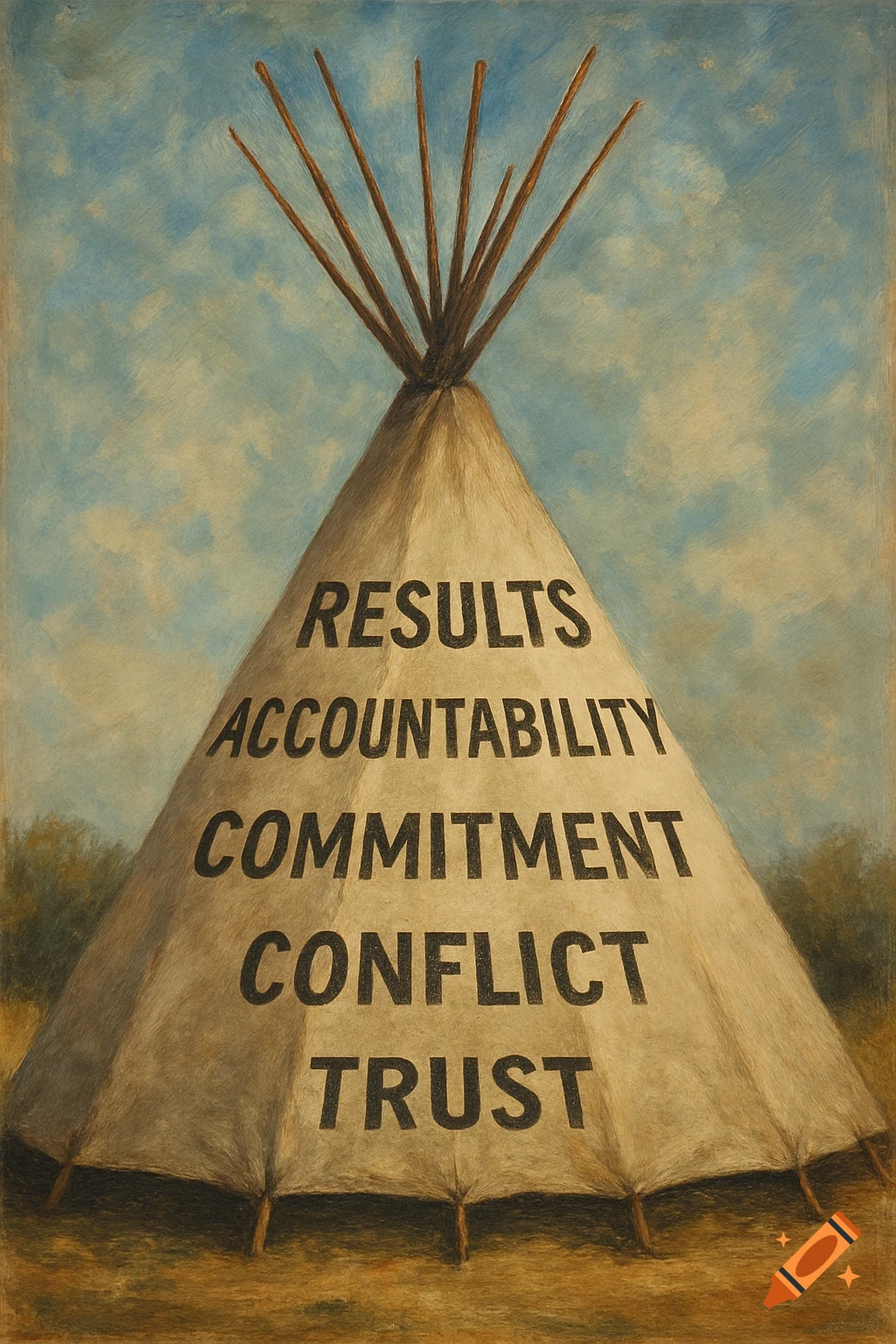 A painting of a tipi with words 'RESULTS, ACCOUNTABILITY, COMMITMENT ...
