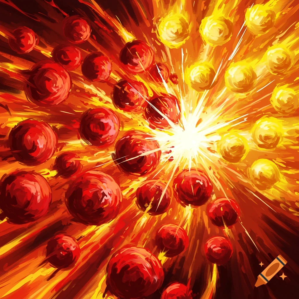 An abstract, vibrant illustration of red and yellow fireballs exploding outwards from a bright ...