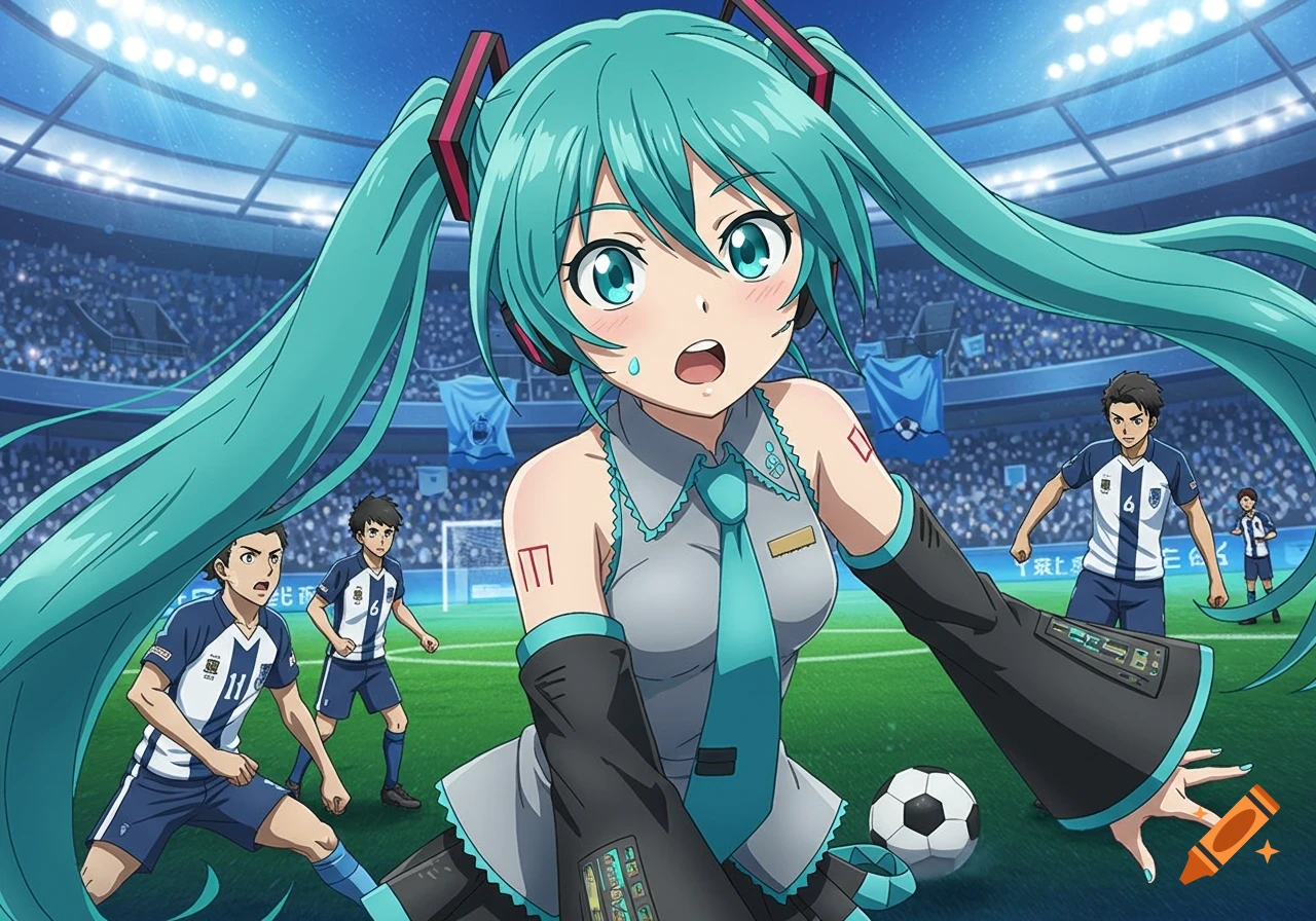 Hatsune Miku, in her signature outfit, stands on a vibrant green soccer ...