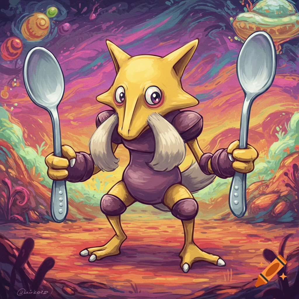 Cartoon illustration of a yellow Alakazam Pokémon holding two large ...