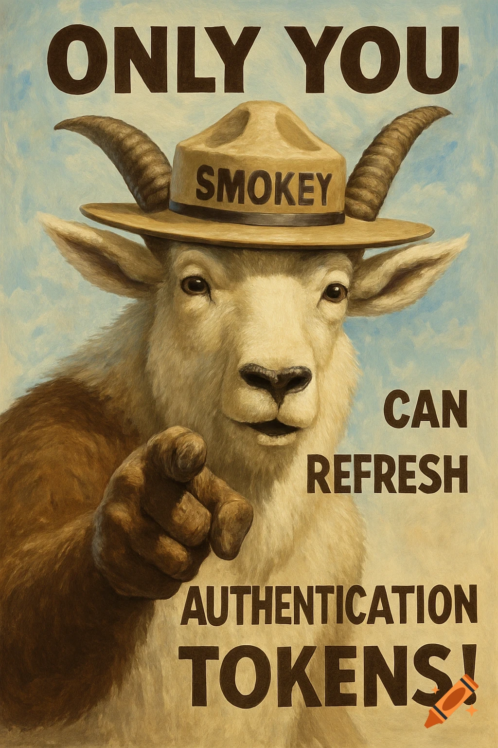 A mountain goat wearing a Smokey Bear hat points directly at the viewer ...