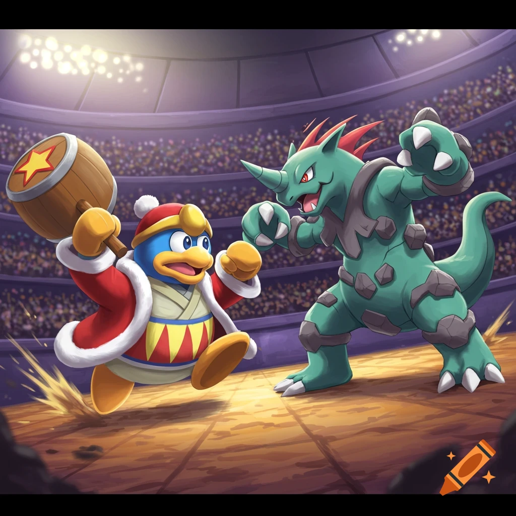 King Dedede wields his hammer against Rhyperior in a vibrant stadium ...