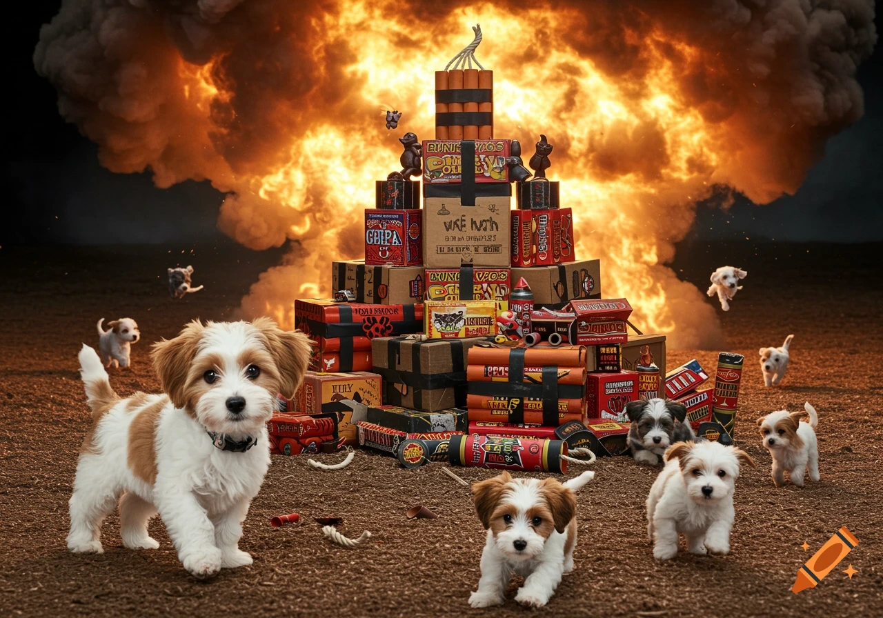 Several cute puppies scamper away from a massive explosion engulfing a ...