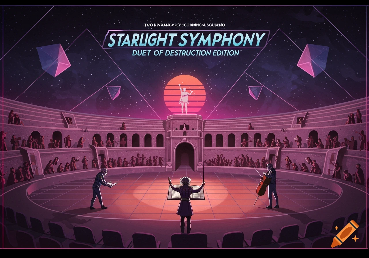 A retro-futuristic amphitheater scene under a starry, pink-purple sky ...