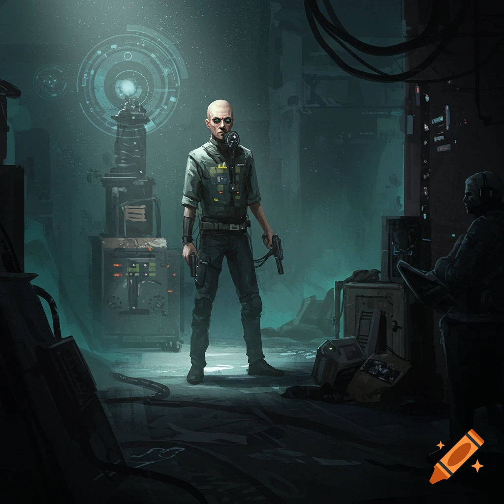 A bald man in tactical gear with glowing eyes holds two pistols in a ...