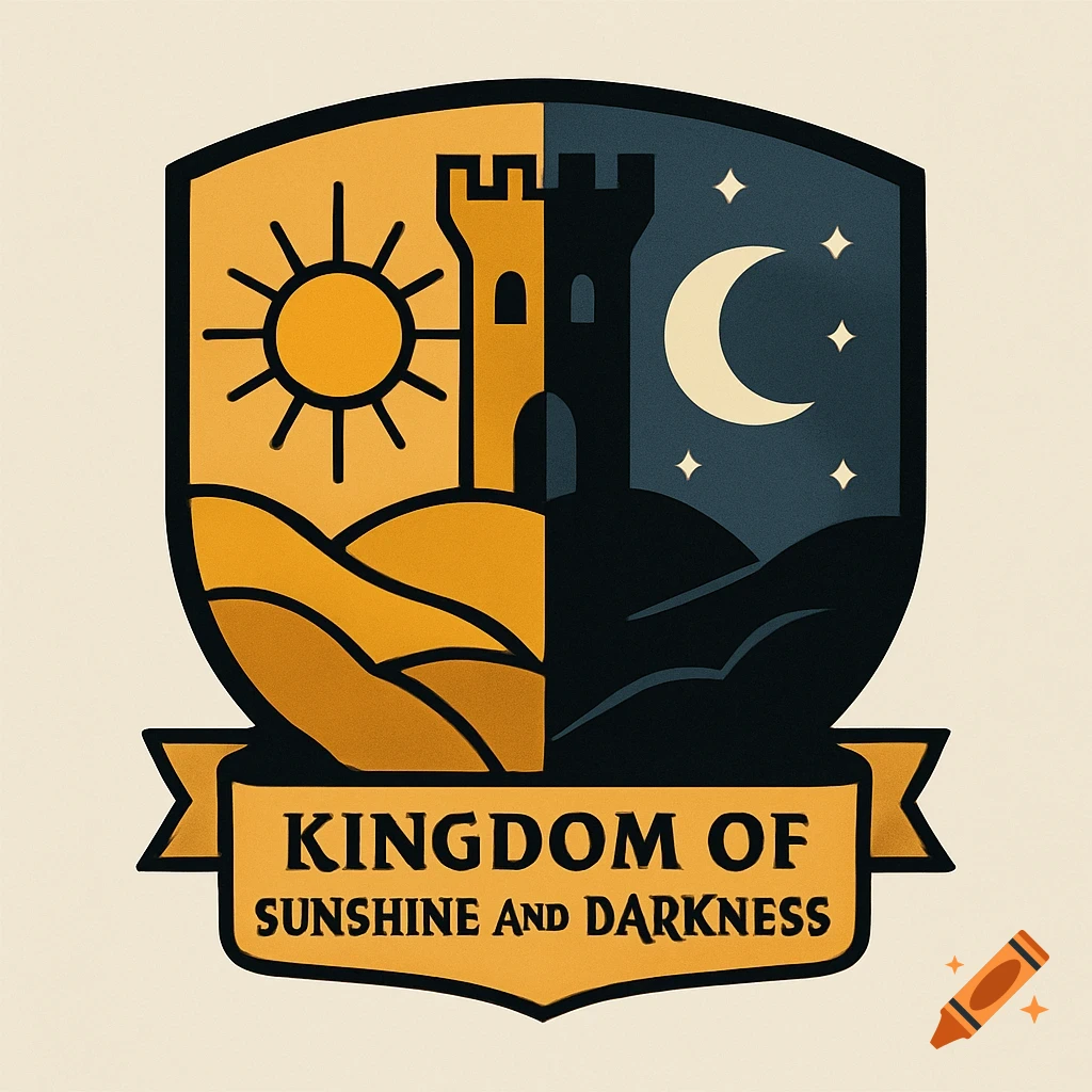 A 2D logo on a shield, split into a golden sunlit side with hills and a ...