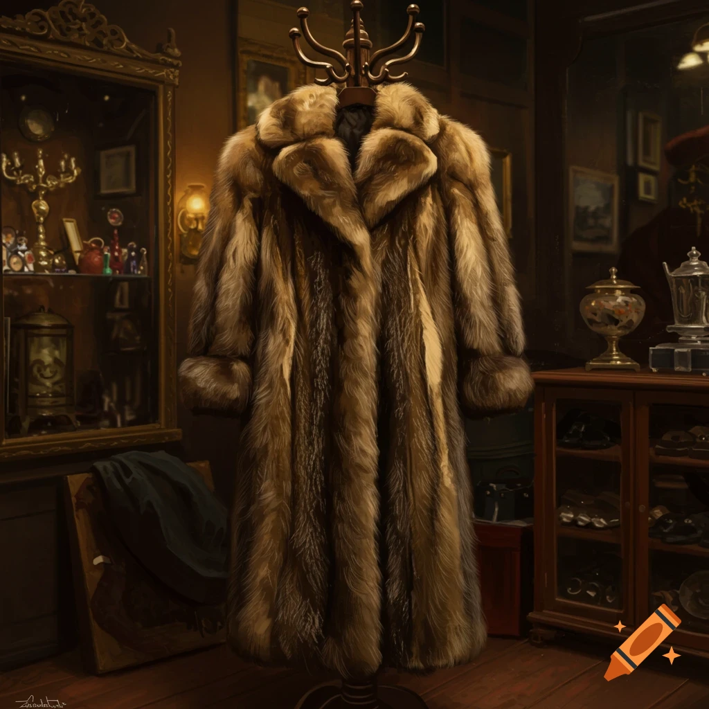 A luxurious brown fur coat hangs on a wooden coat rack in a richly ...