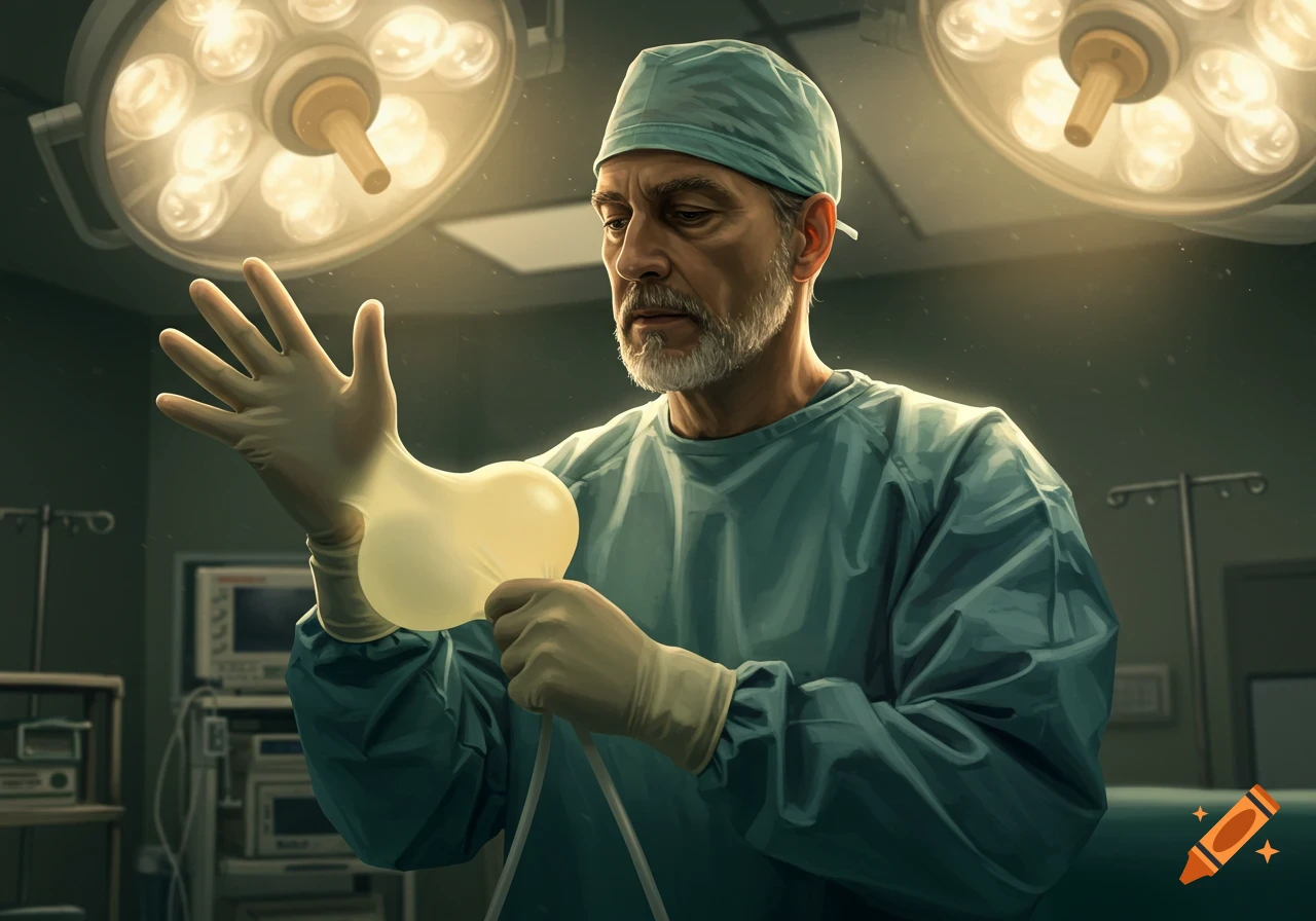 A surgeon in an operating room inflates a surgical glove, illuminated ...