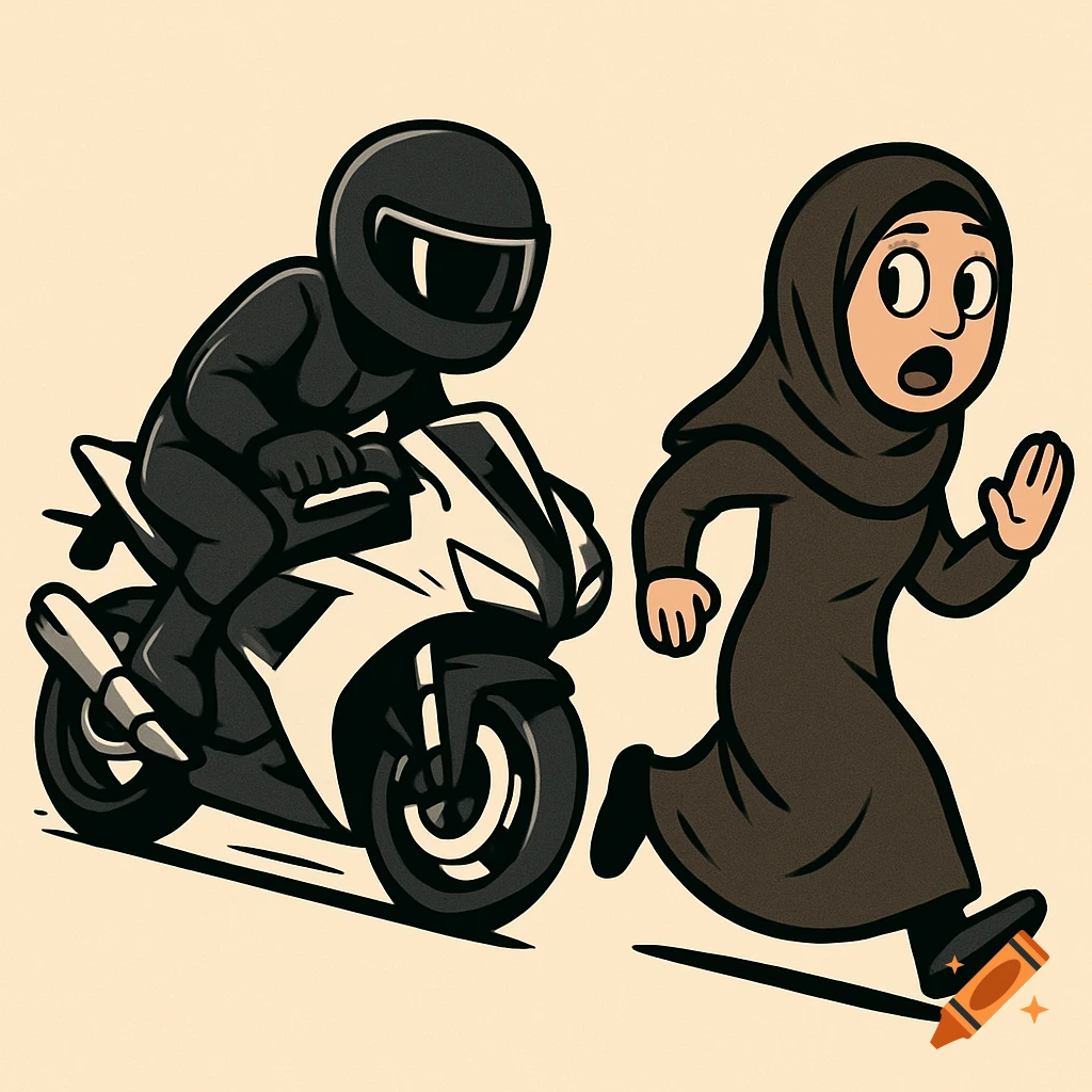 A cartoon illustration shows a biker on a sportbike chasing a woman ...