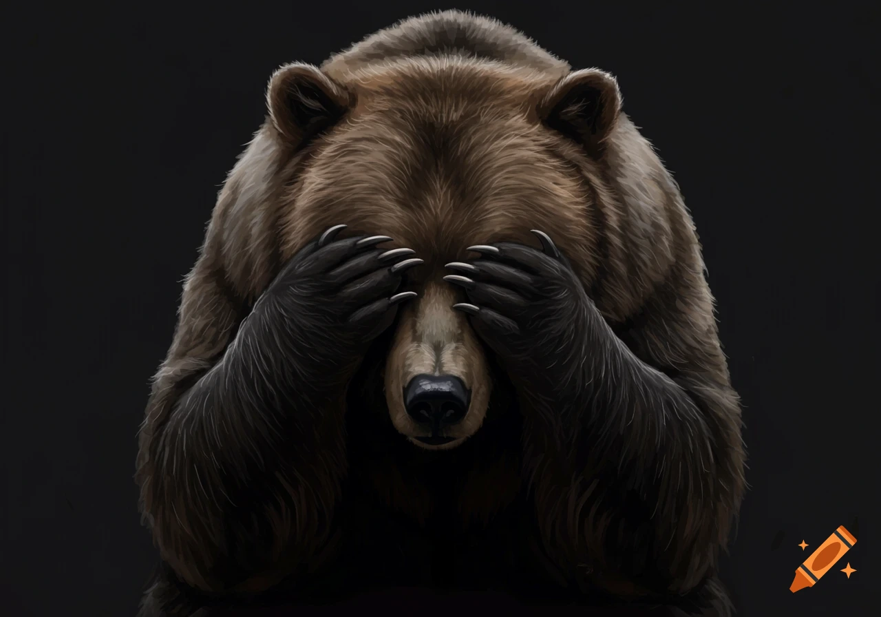 A large brown bear covers its eyes with its paws, appearing sad against ...