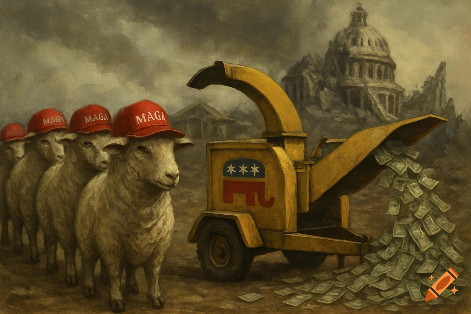 A line of sheep in red MAGA hats stand near a yellow wood chipper with ...