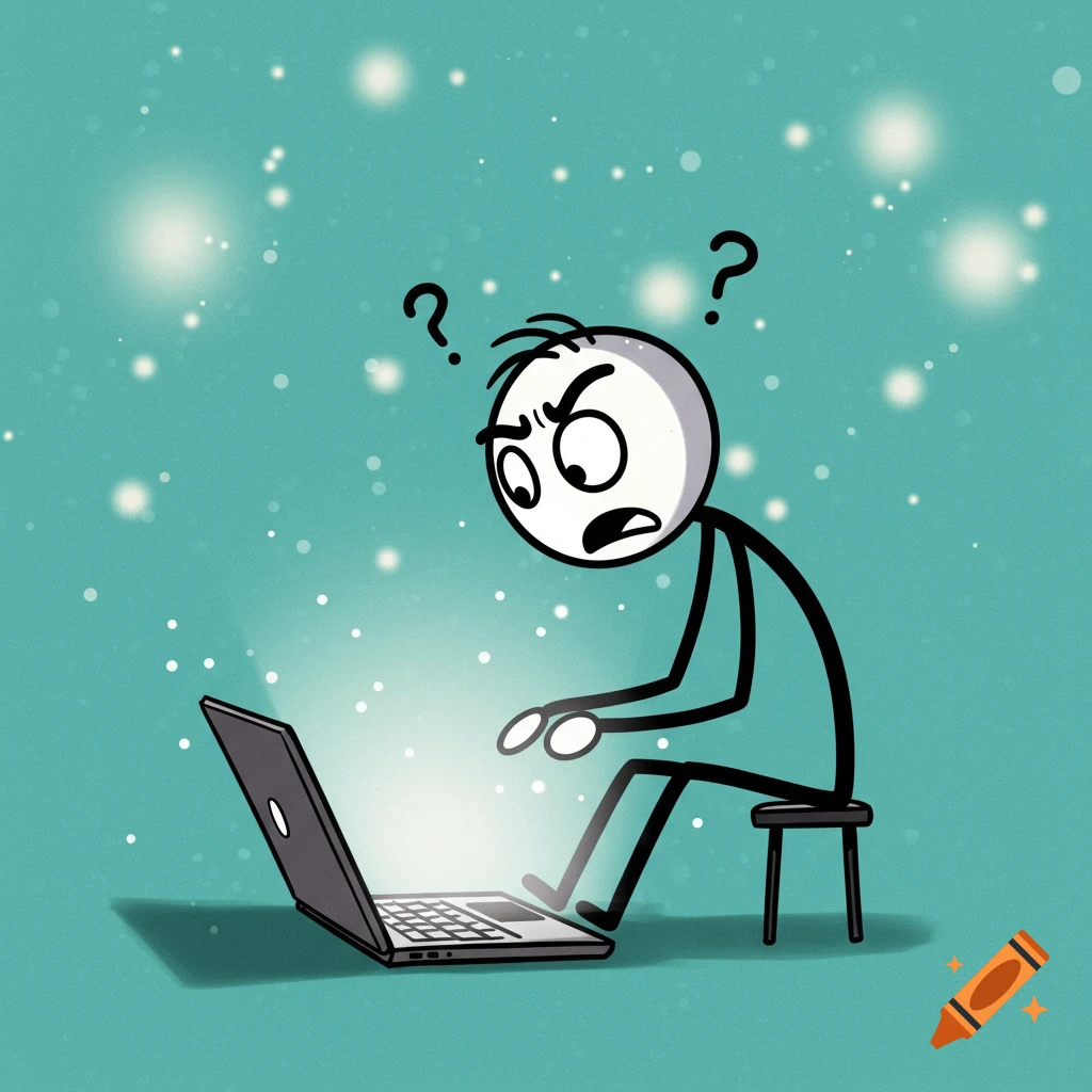 A cartoon stick figure looks confused at a glowing laptop, with ...