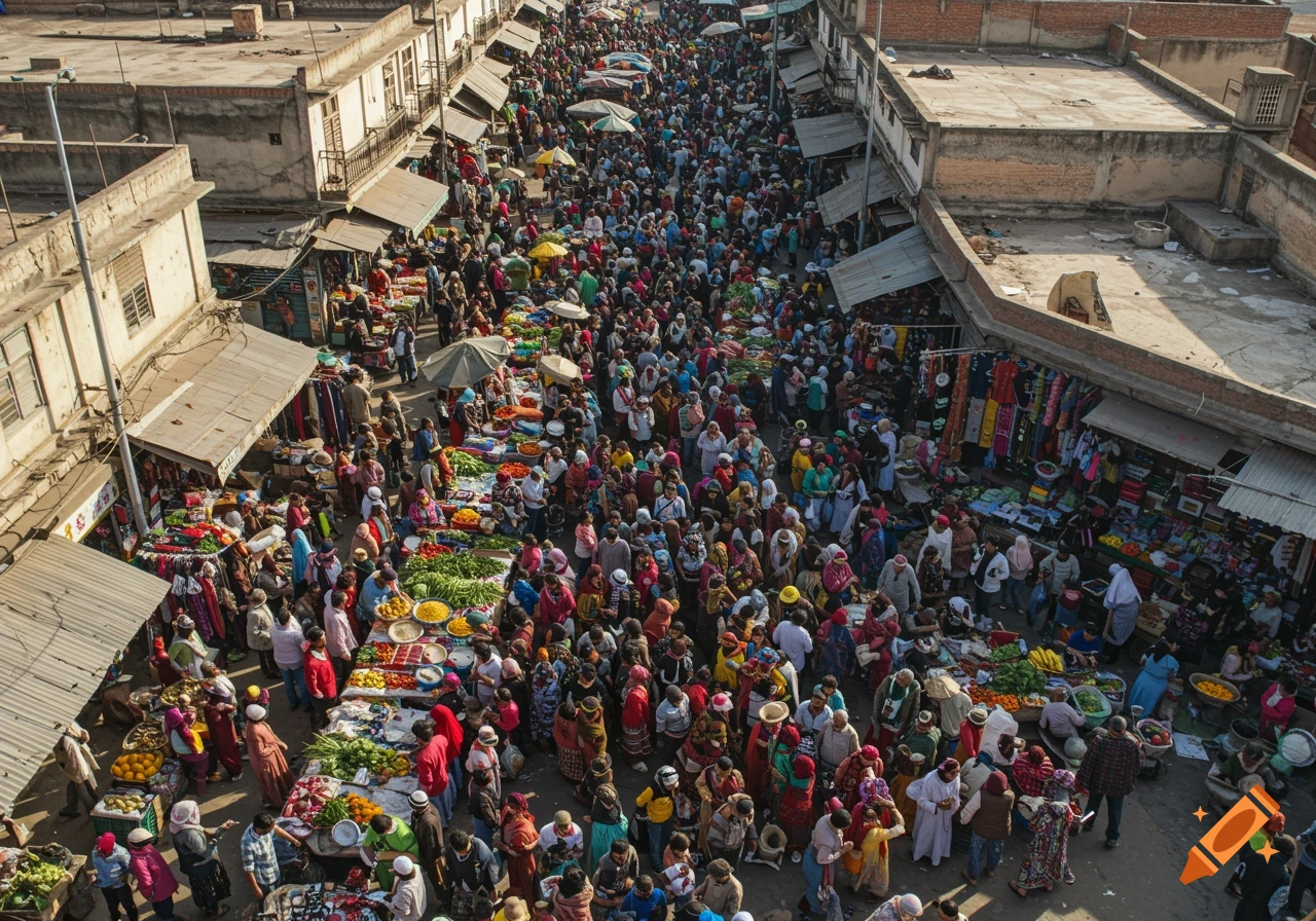 High-angle view of a bustling open-air market filled with a large crowd ...