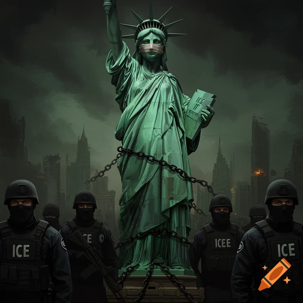 Dystopian art of the Statue of Liberty blindfolded and chained, surrounded by masked ICE agents ...