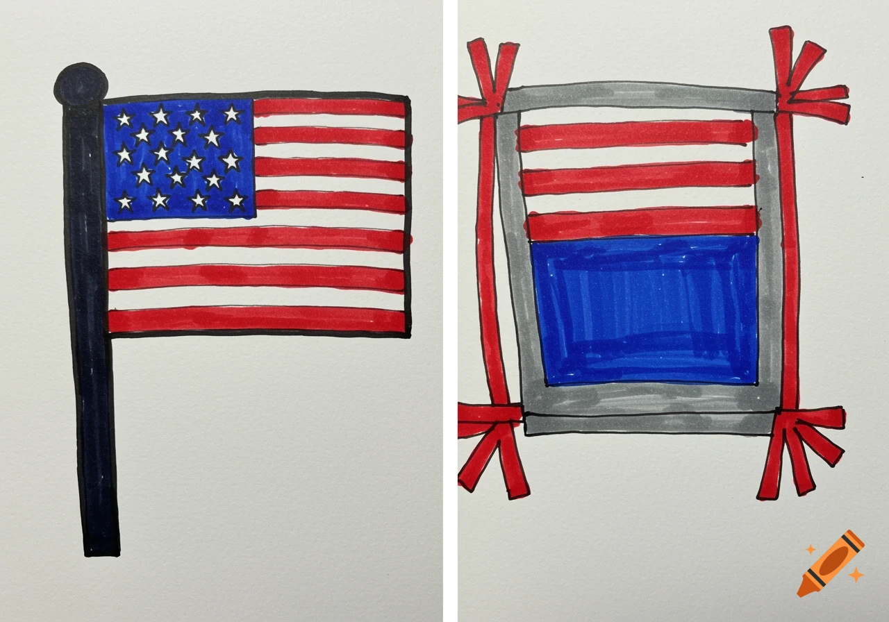 A childlike drawing showing two stylized flags; one resembles the ...