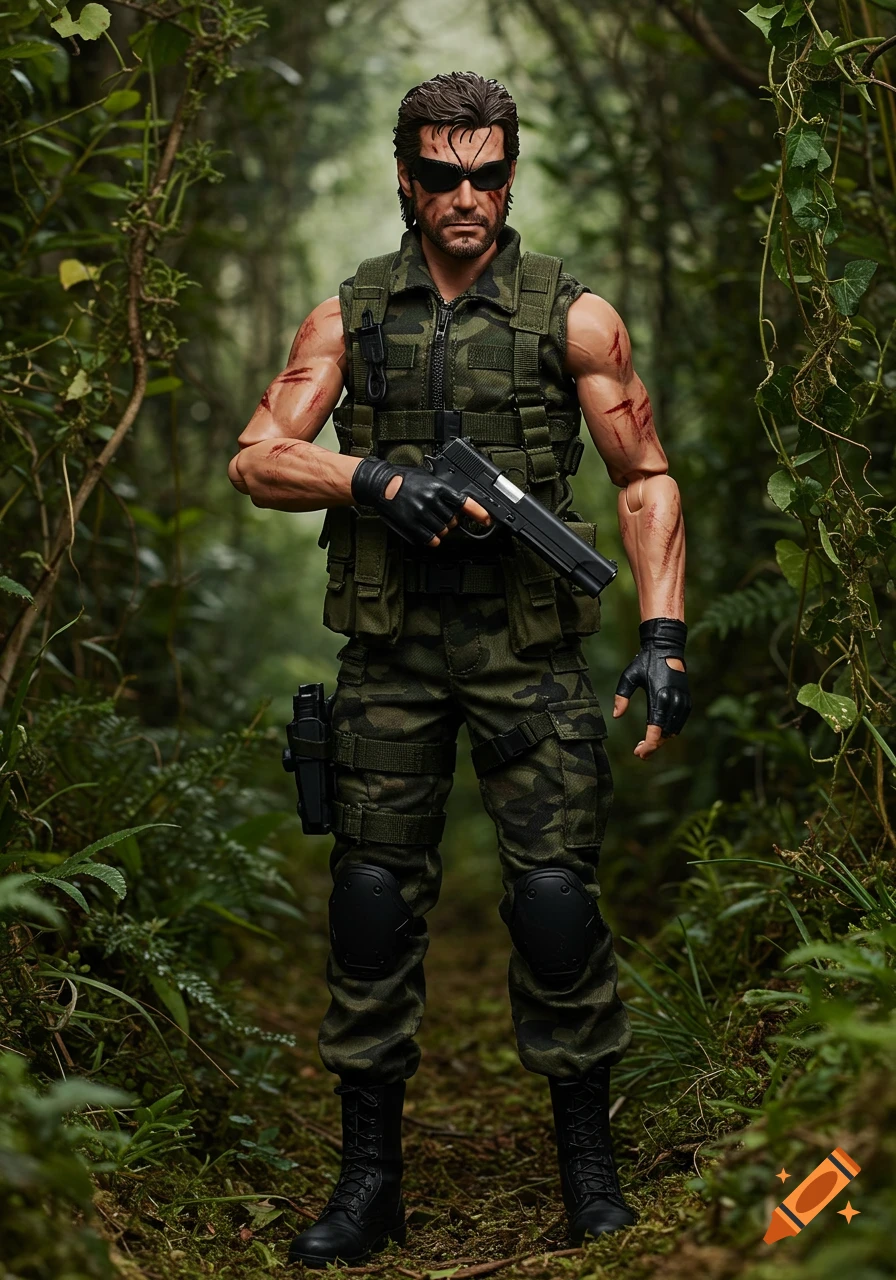 A highly detailed Solid Snake action figure in military fatigues stands ...