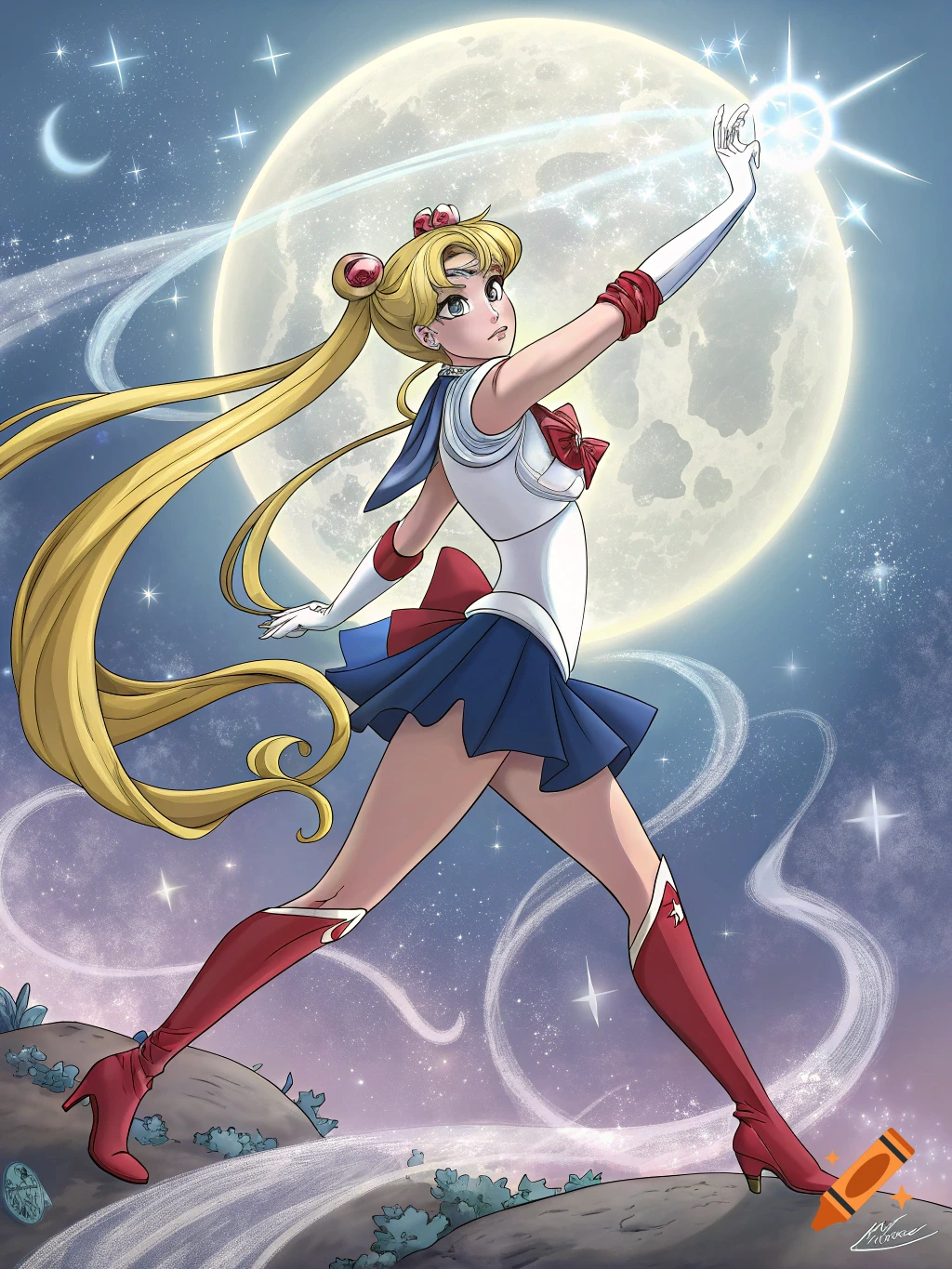Sailor Moon poses heroically, raising a glowing hand, in front of a ...