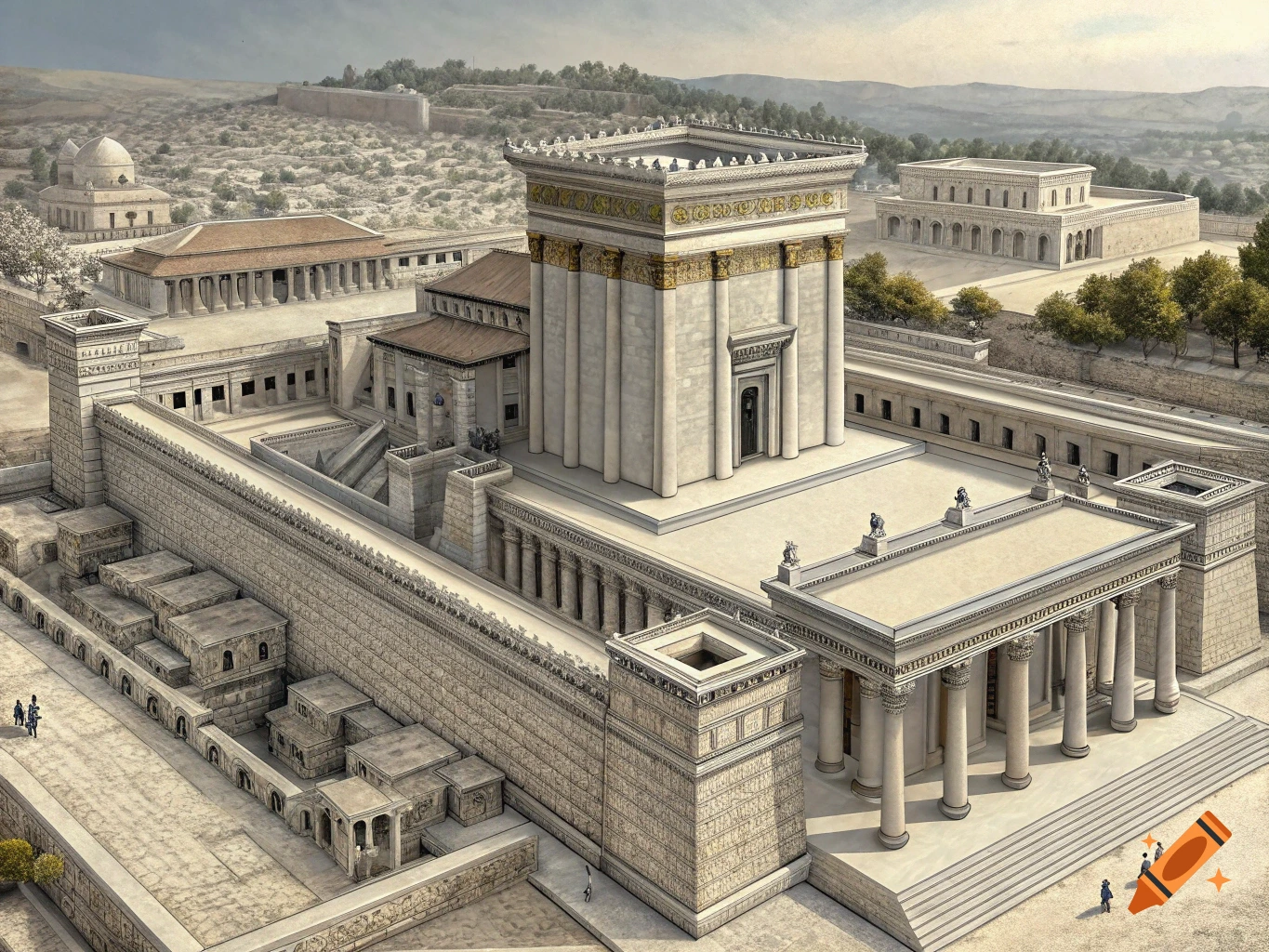 Detailed overhead view of the sprawling ancient Herod's Temple complex ...