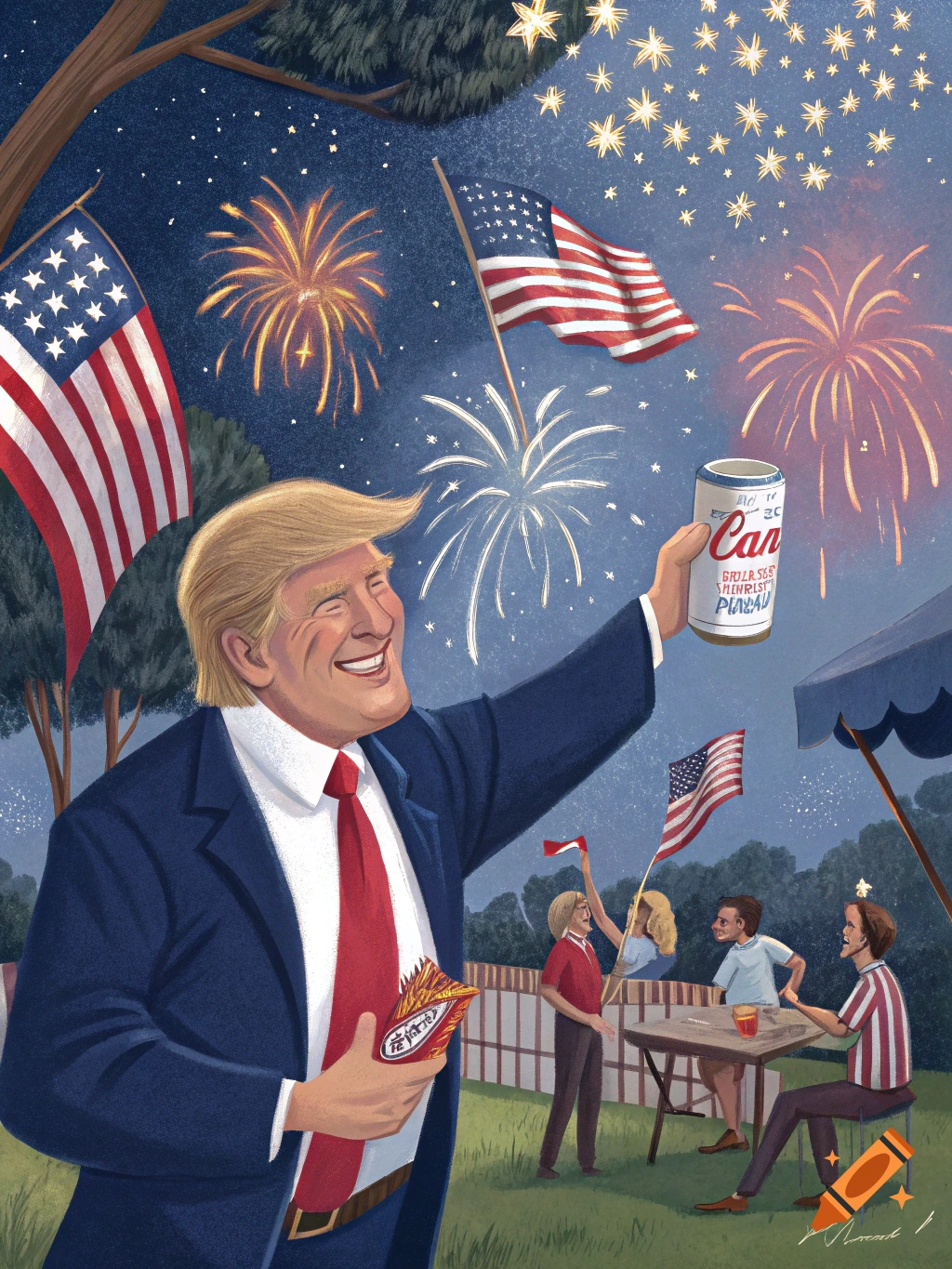 Donald Trump smiles, holding a generic beer can and a small bag ...