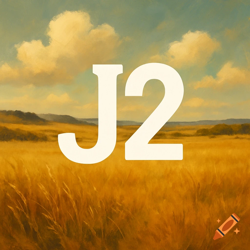 A white J2 logo against a painted prairie landscape with golden fields ...