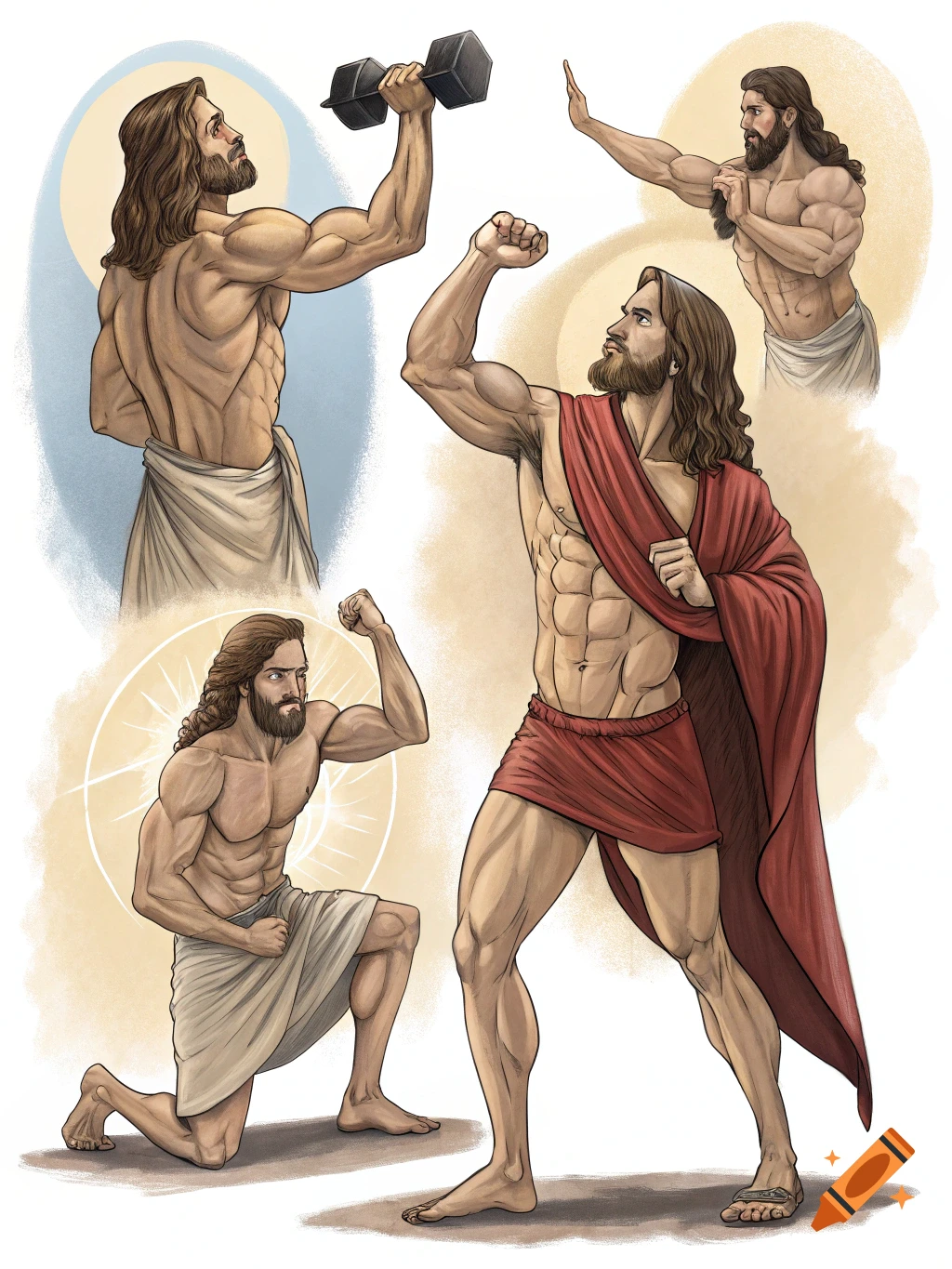 Illustrated depiction of a muscular Jesus in various bodybuilding poses ...