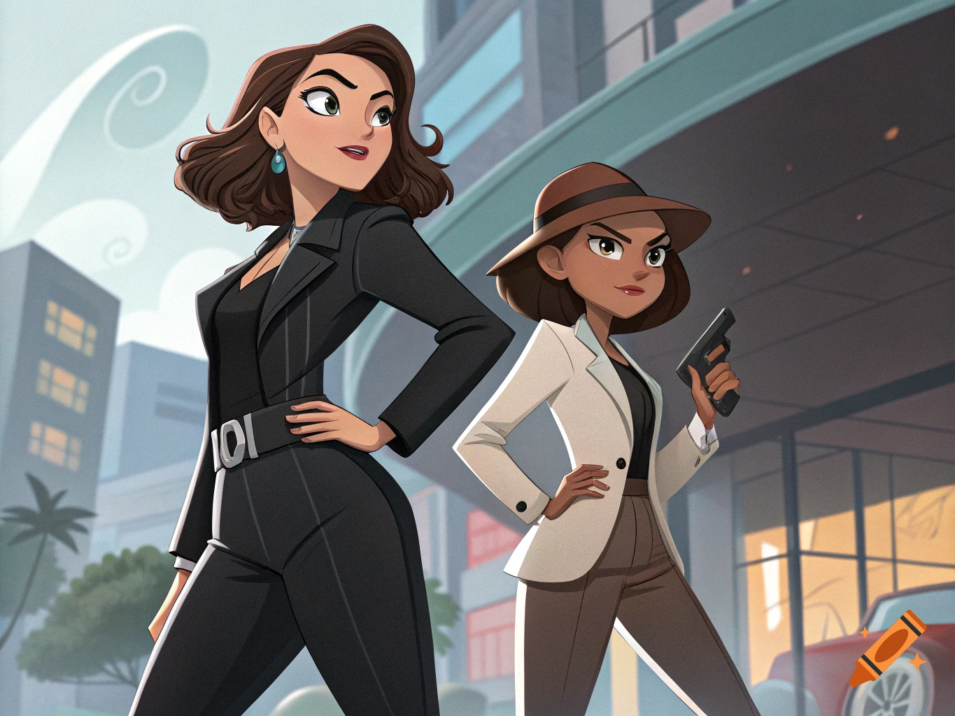 Two stylized female spies, one with a gun, stand in a city setting in ...