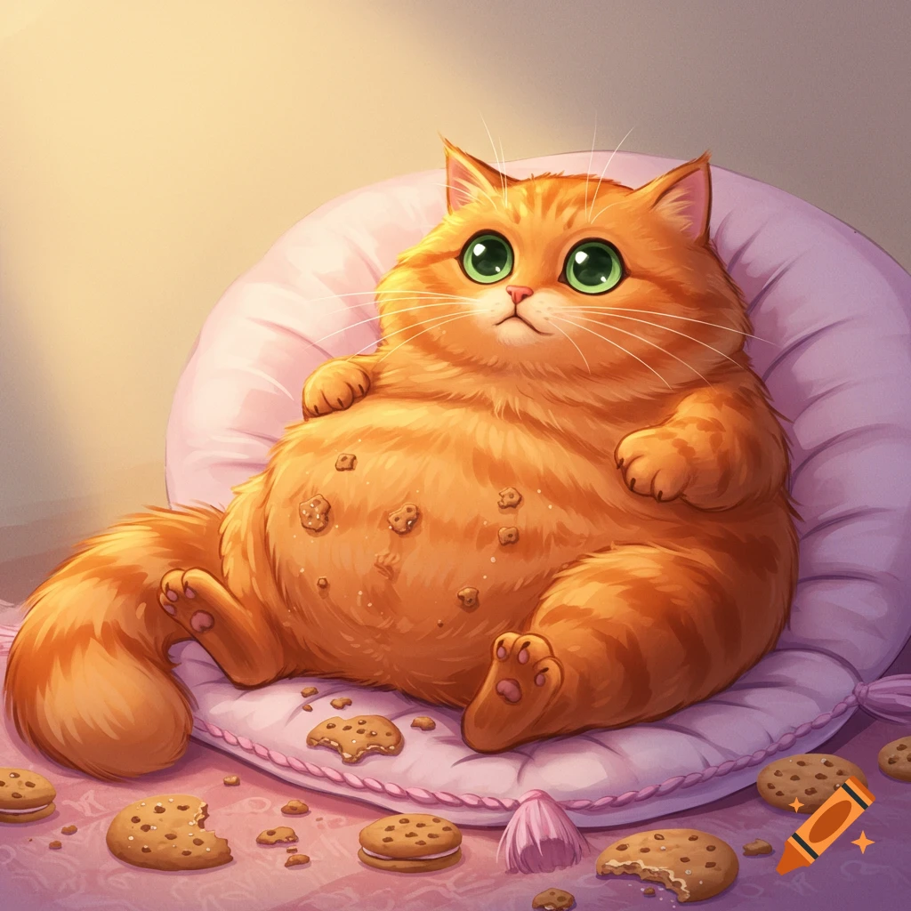 A cute, chubby orange cat with big green eyes sits on a purple pillow, surrounded by and covered ...