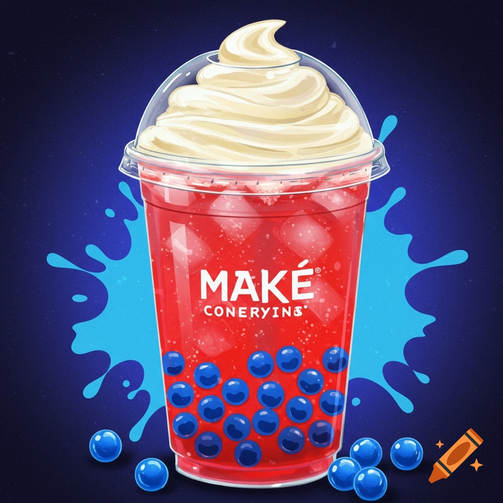 Illustration of a red fizzy drink with blue boba, whipped cream ...