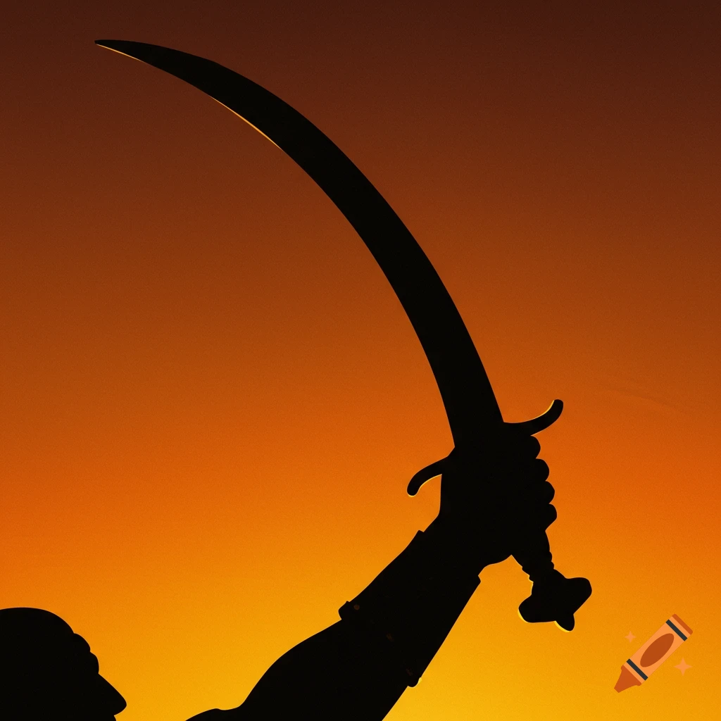 A silhouette of an arm holding a curved sword upwards against a vibrant ...