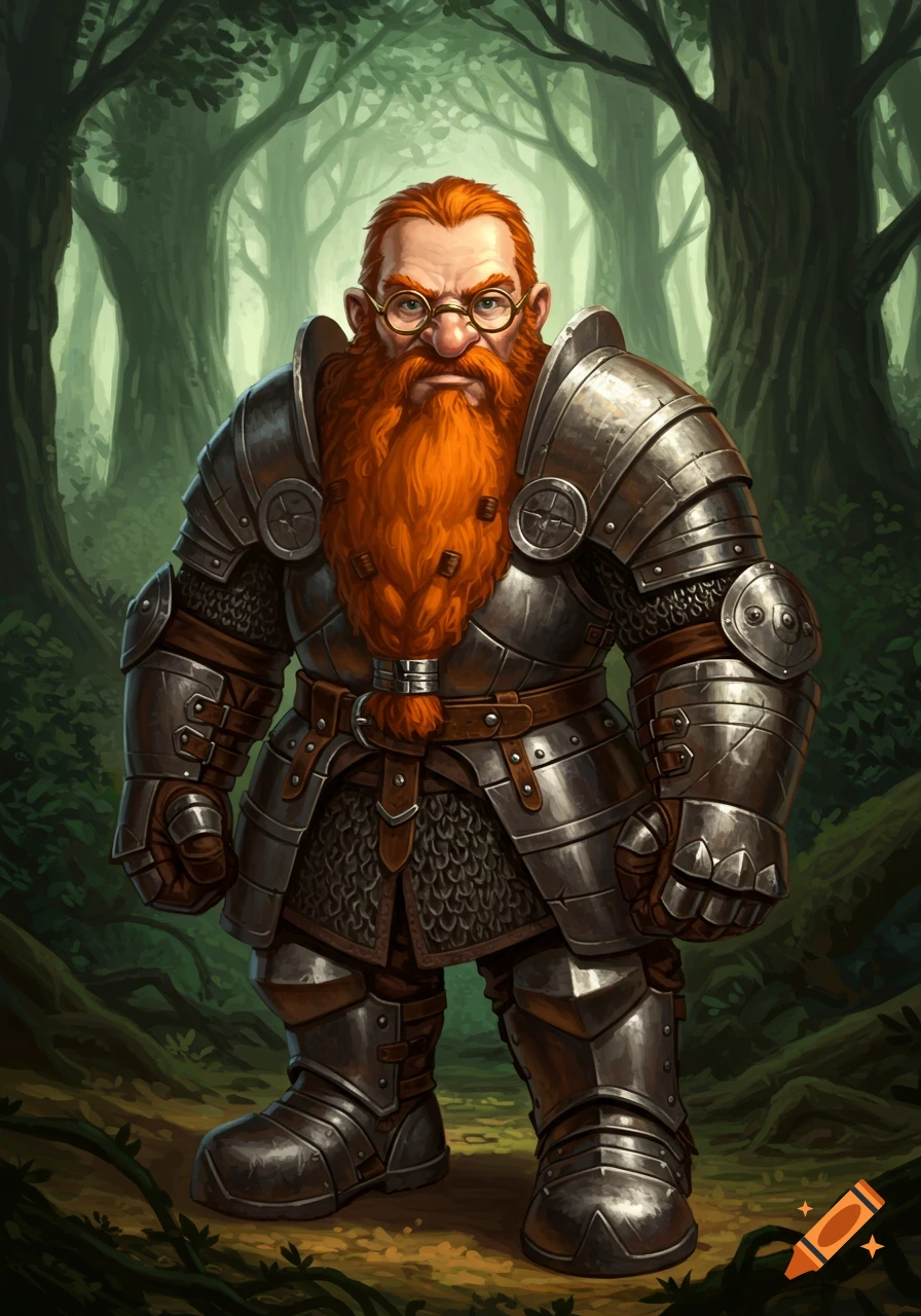 A ginger dwarf wearing glasses and heavy armor stands in a lush forest ...