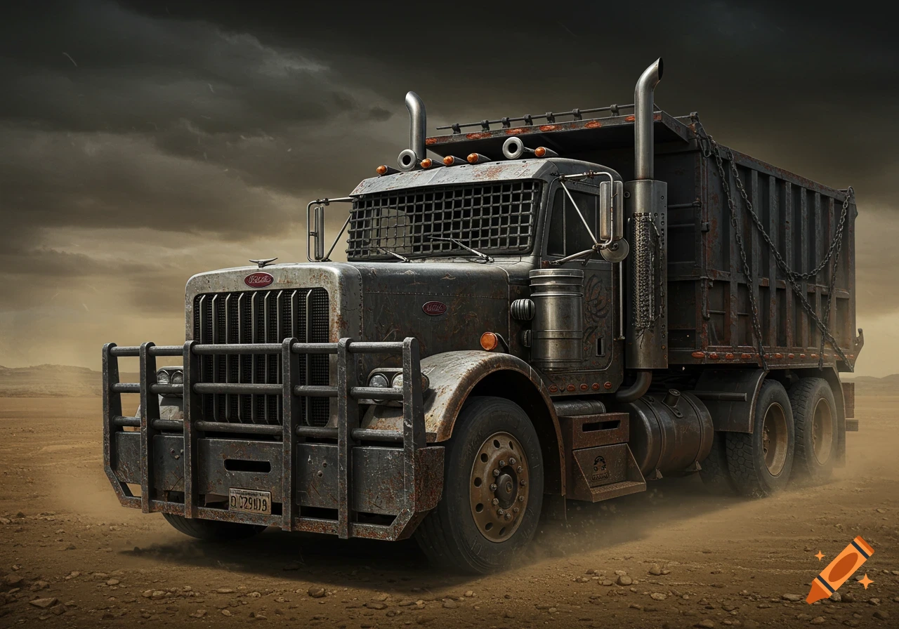 A rusty, heavily modified Peterbilt semi-truck with a black grate over ...