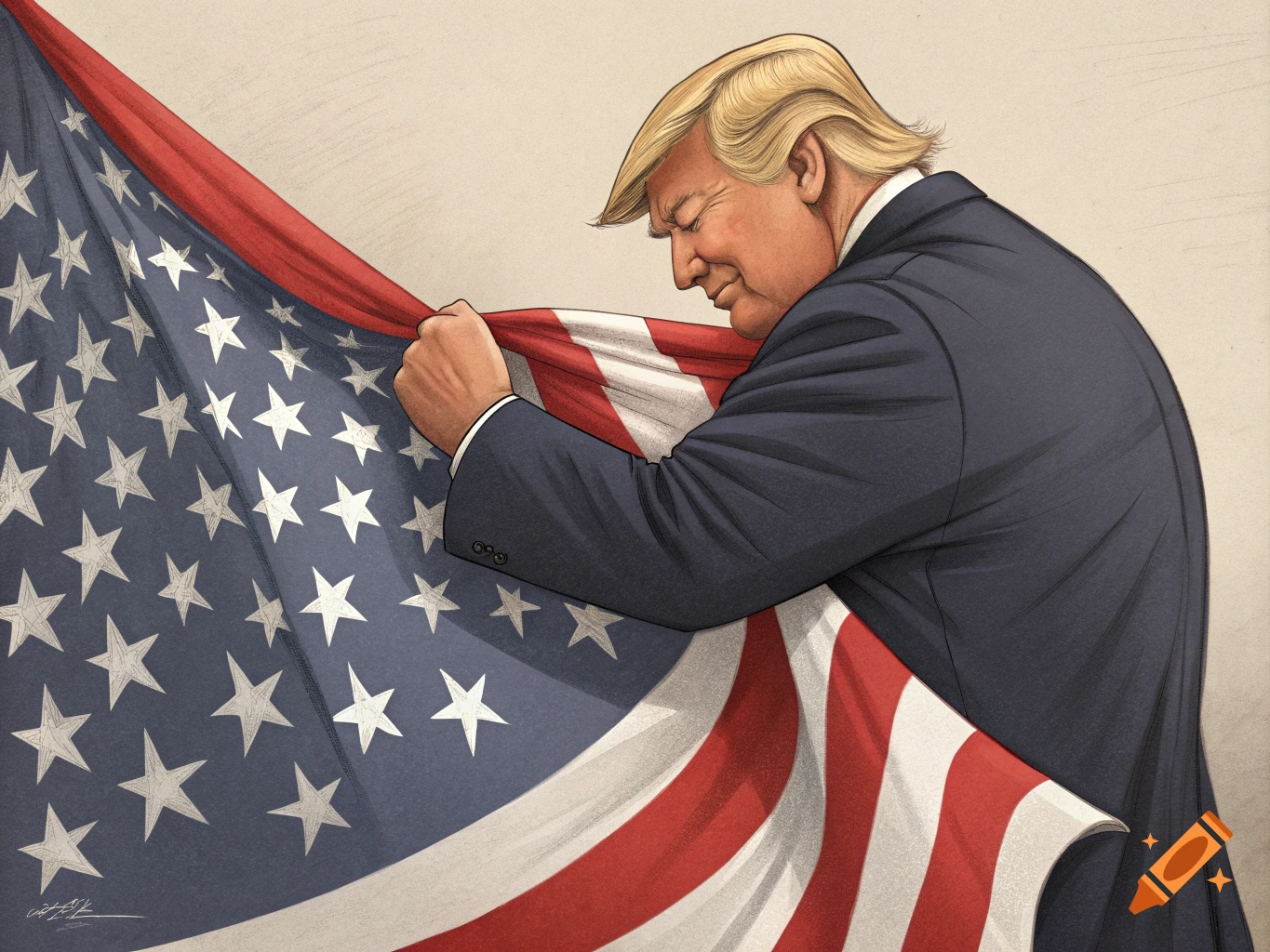 Illustration of Donald Trump embracing the American flag. on Craiyon
