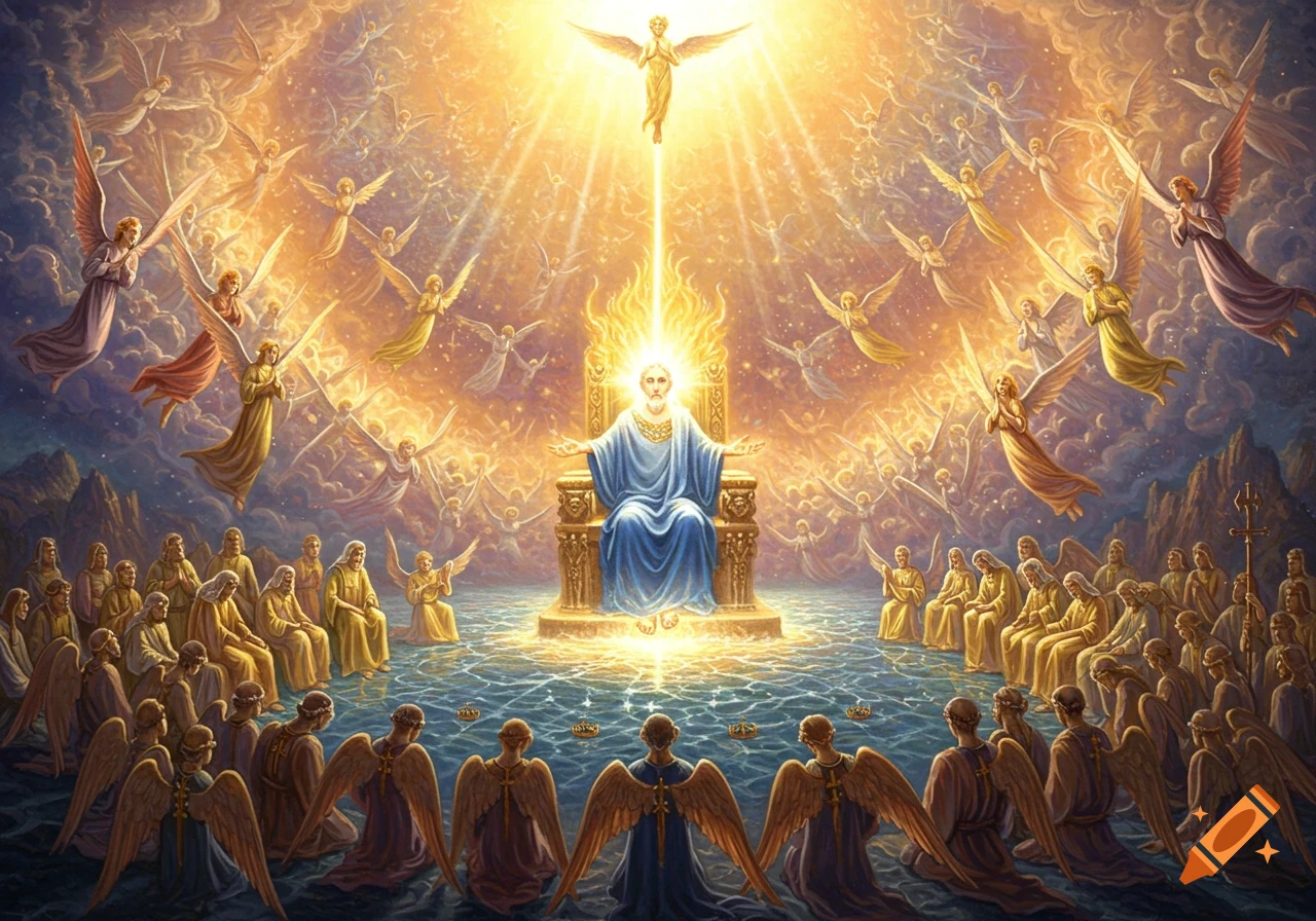 A majestic, luminous painting of God on a throne surrounded by angels and elders in a heavenly ...