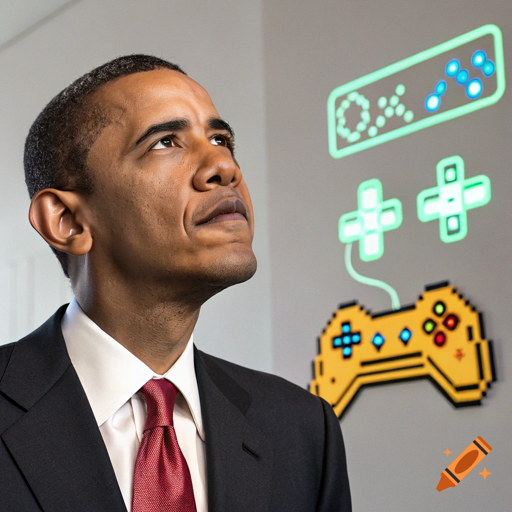 Close-up portrait of Barack Obama looking up, with glowing pixel art ...