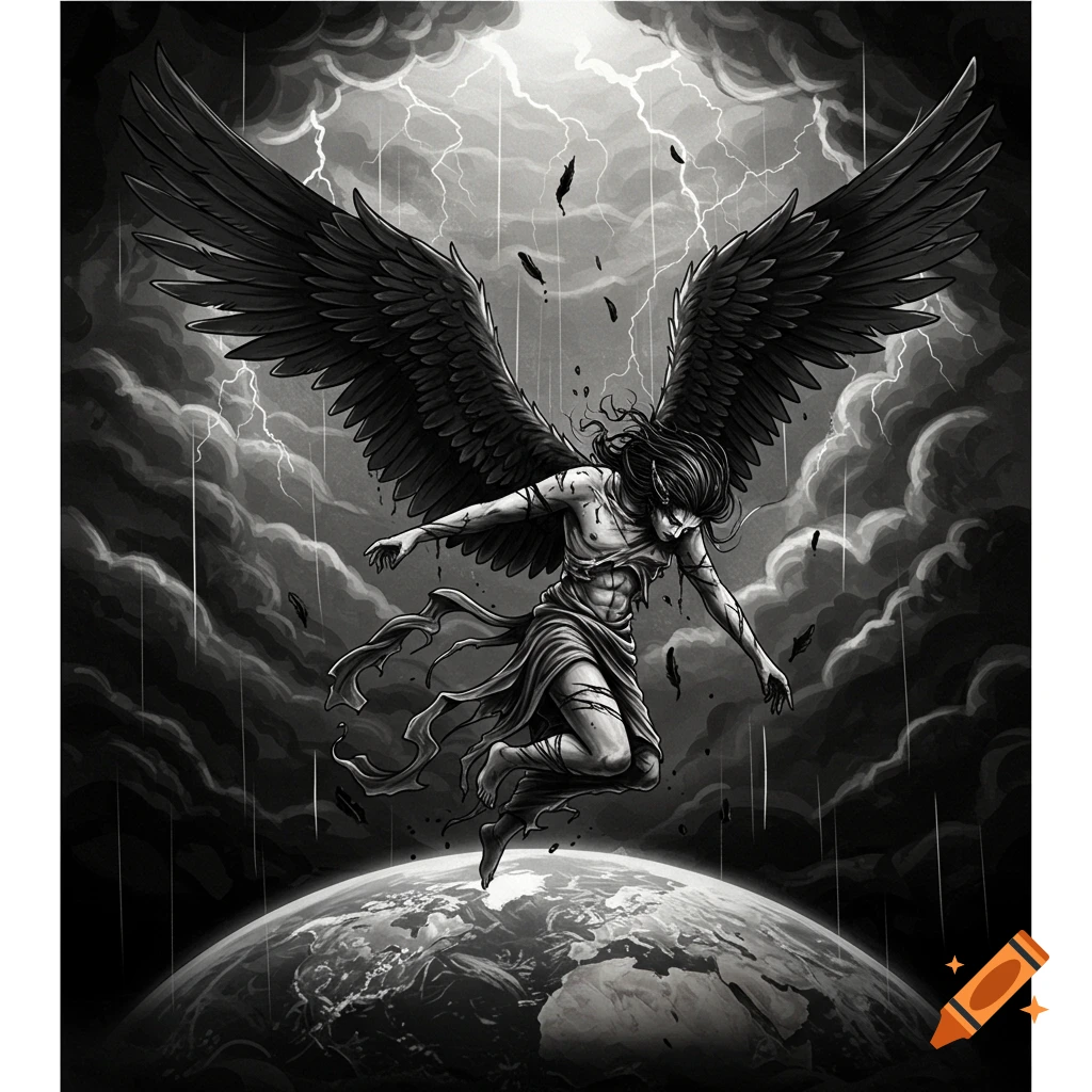 Black and white illustration of a dark angel with large wings falling ...