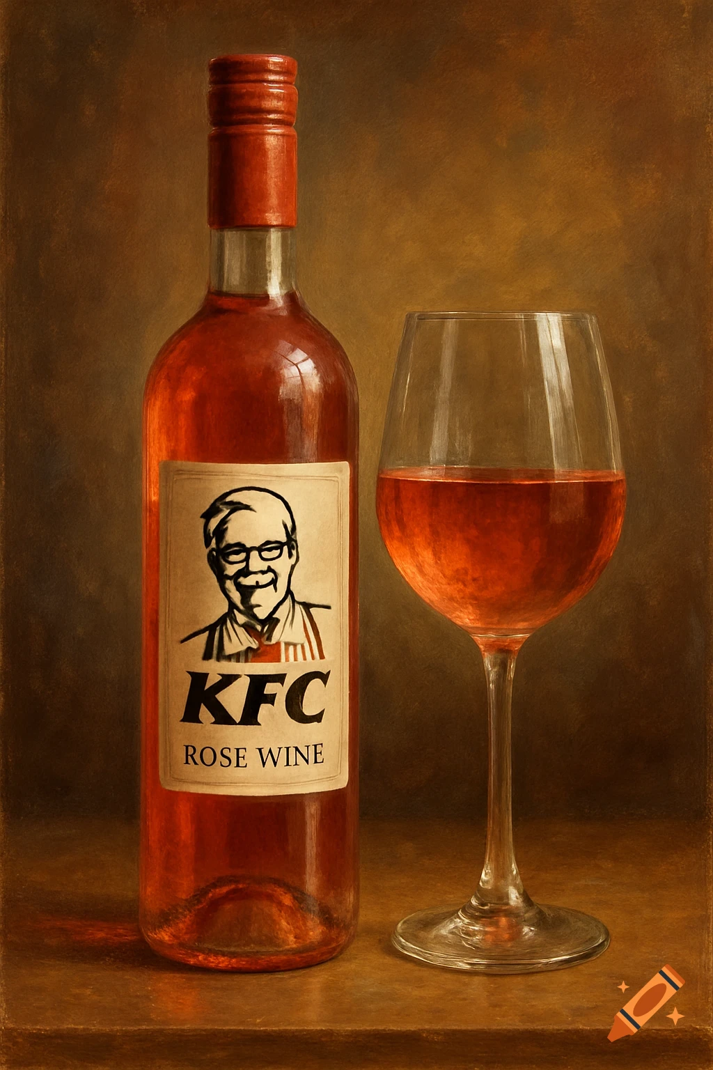 A still life painting of a bottle of KFC Rose Wine next to a glass ...