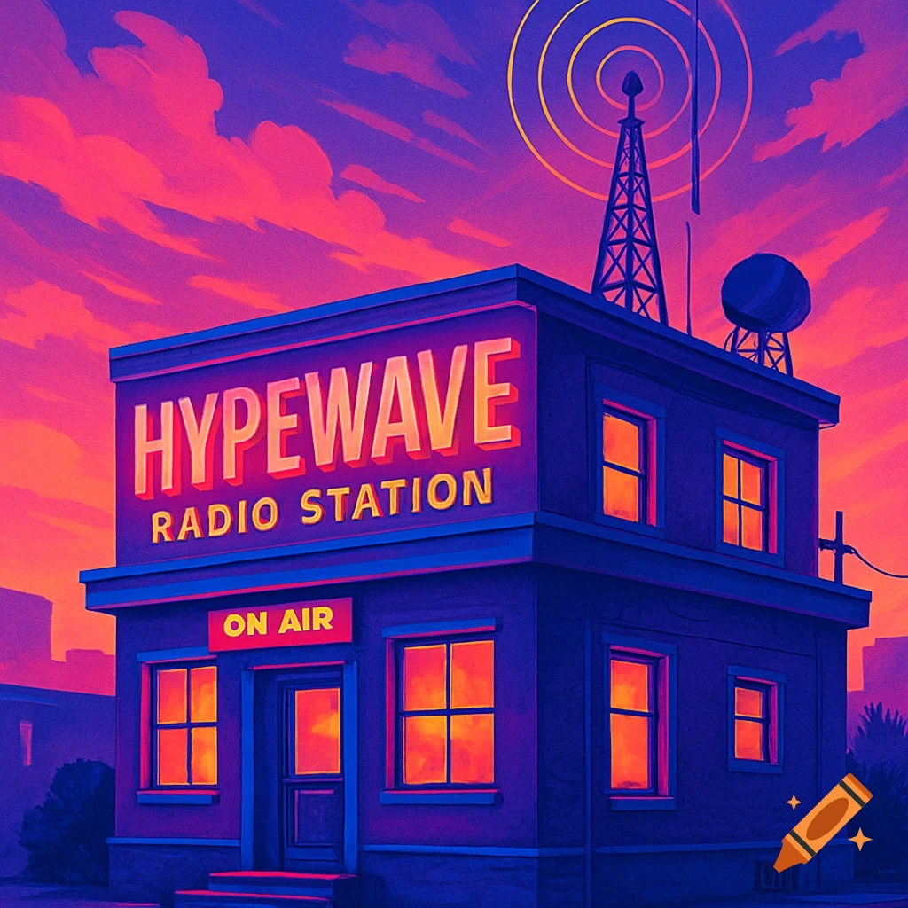 A vibrant, neon-lit radio station building with HYPEWAVE RADIO STATION ...