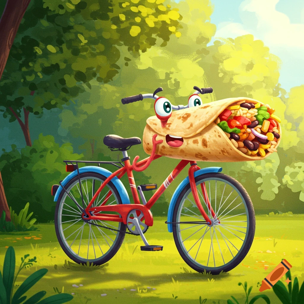 Cartoon illustration of a red bicycle with an anthropomorphic burrito ...