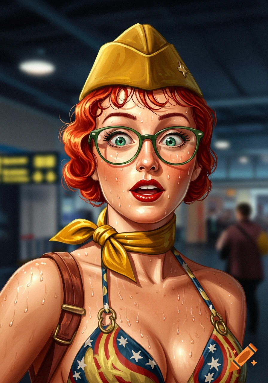 A pin-up style illustration of a sweaty redhead woman in a flight attendant cap and Americana ...